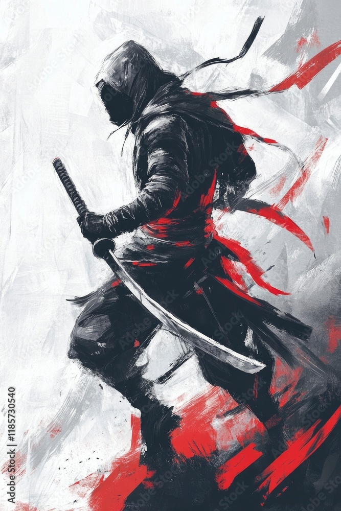 art of a ninja wielding a long sword, in black and white colors with ...