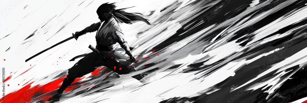 art of a ninja wielding a long sword, in black and white colors with ...