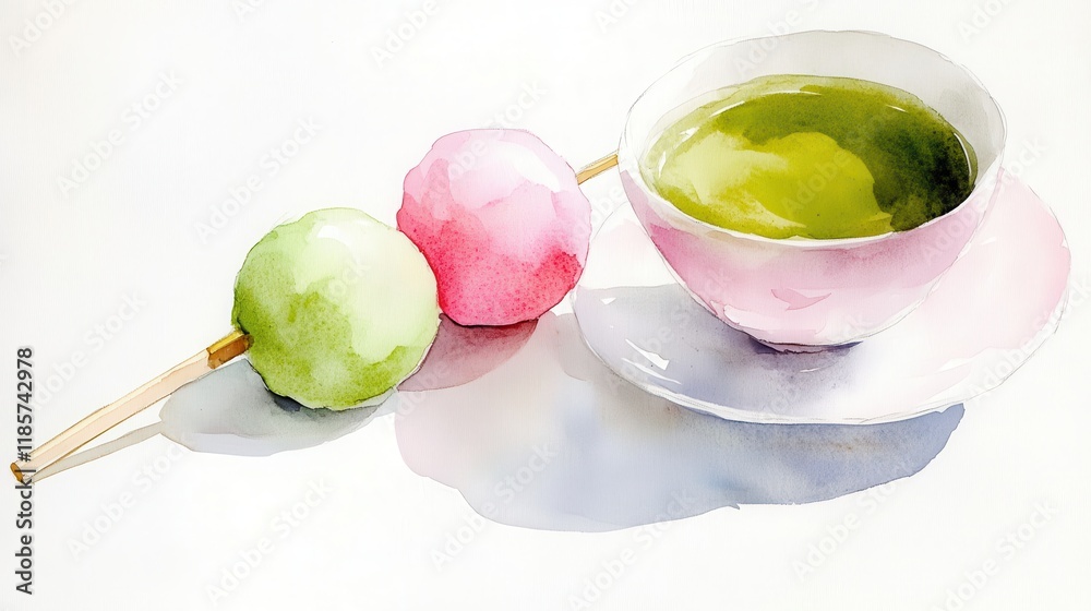 Watercolor of Dango Three Coloured Dumplings isolated on white ...