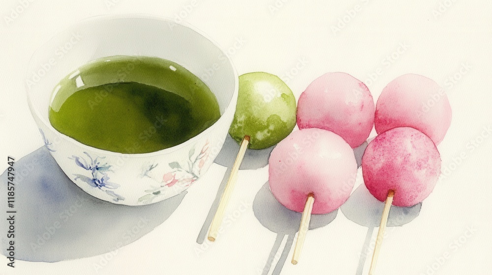 Watercolor of Dango Three Coloured Dumplings isolated on white ...