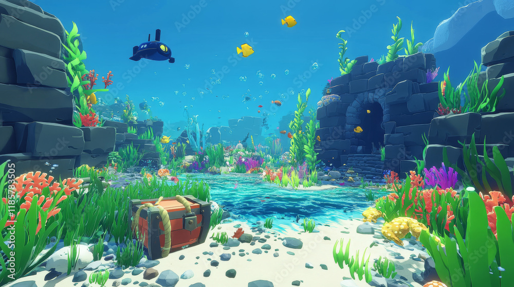 Underwater landscape, cartoon sea animals, seaweed, submarine and ...