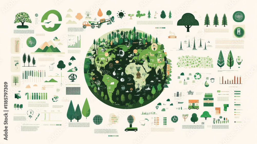 Earth Day infographic template. Eco green globe with trees, surrounded ...