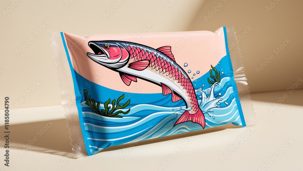 A packet with a clear plastic wrapper displaying a colorful ...