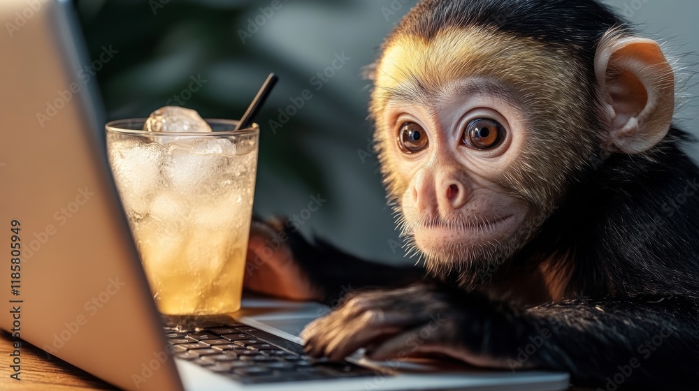 Baby monkey is sitting on a laptop keyboard and holding a glass of iced ...
