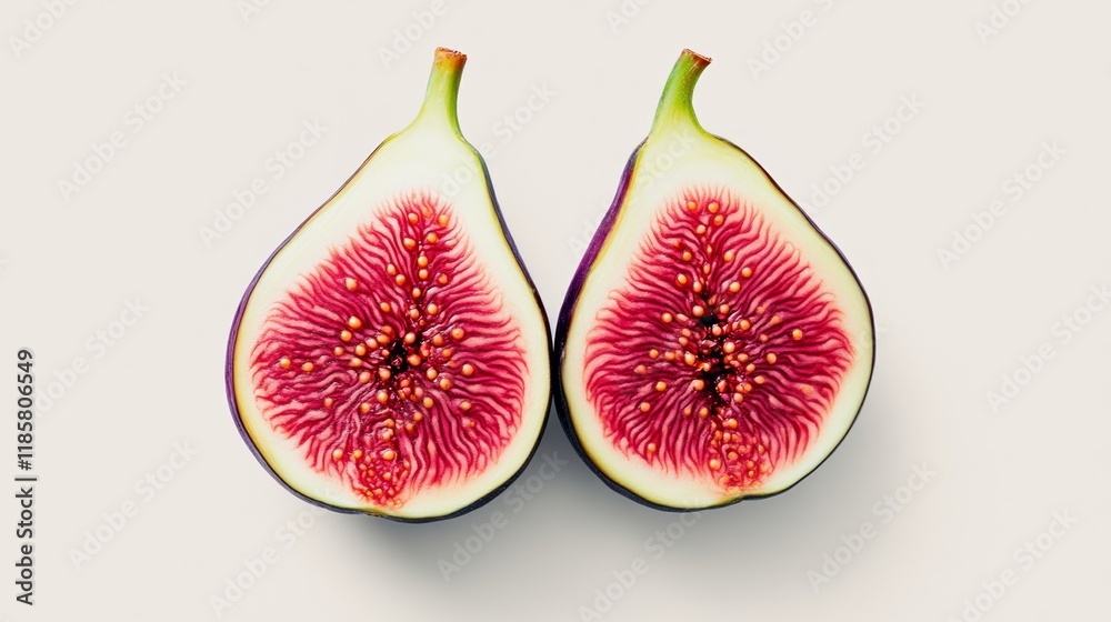 Two purple and red figs are cut in half, revealing their seeds. Concept ...