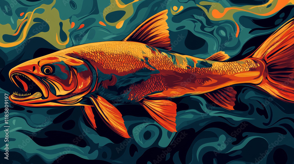ภาพประกอบ Stock Hunchback salmon fish in color and monochrome versions ...