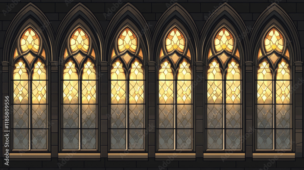 Medieval gothic castle and catholic church glass windows. Isolated ...