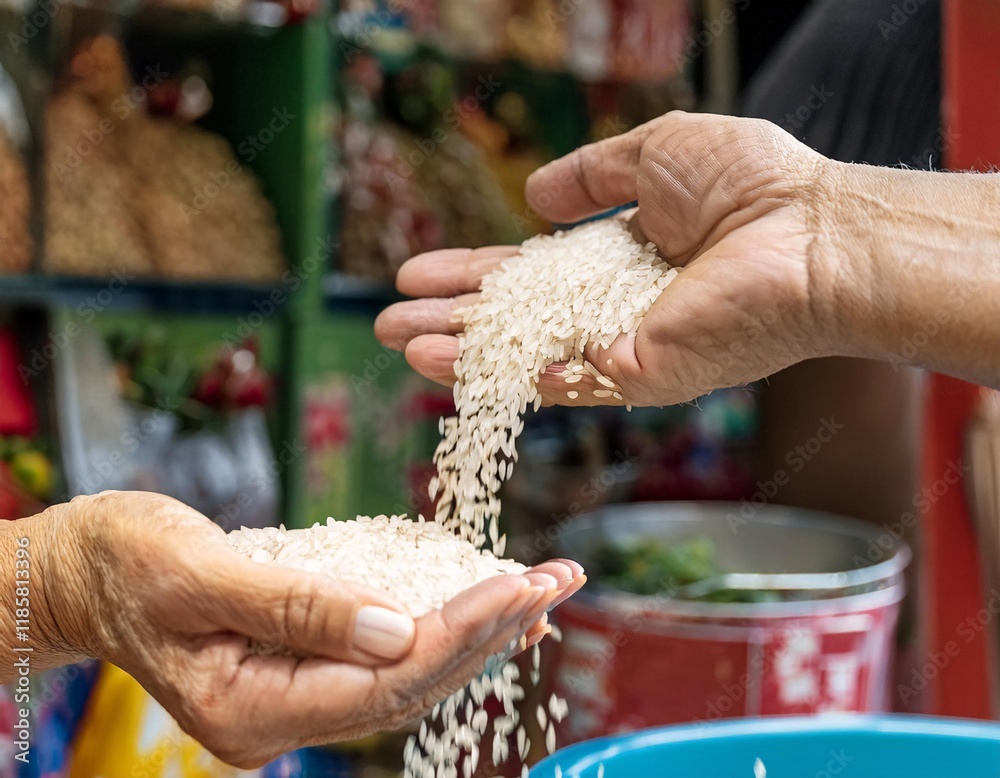 Hand giving a lump of rice to another hand, with rice shop in the ...