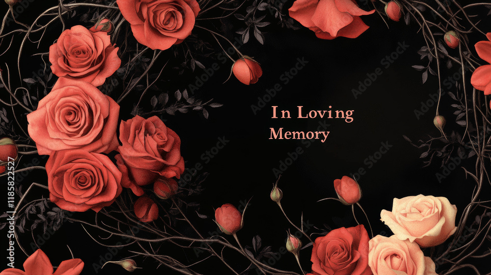 Funereal round frame with roses blossom, thorns and buds. Funeral vector card with in loving ...