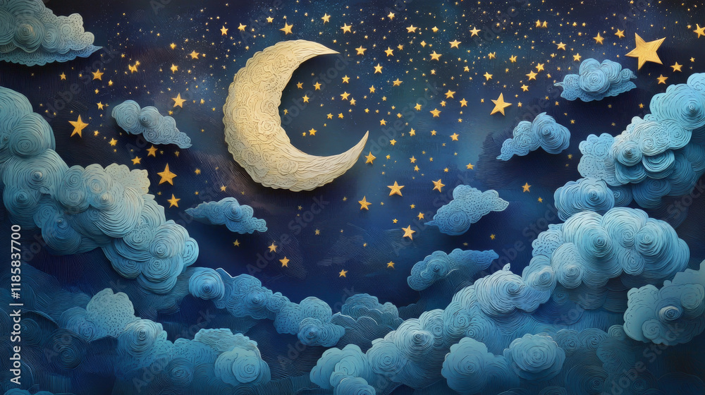 Paper cut night sky moon, clouds and stars. 3d vector layered papercut ...