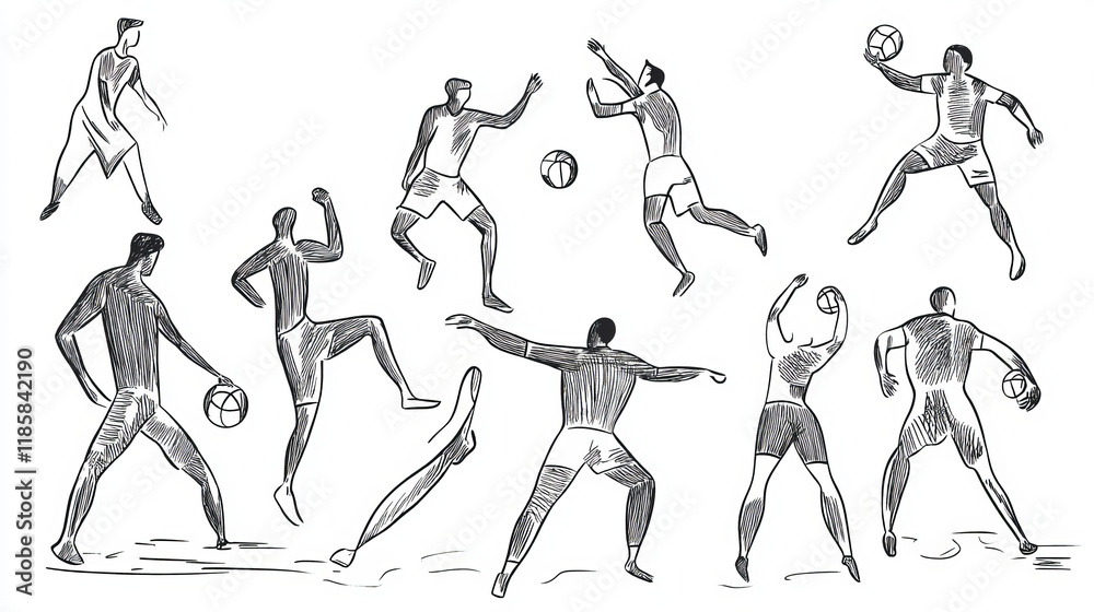 Set of sporting sketch line drawing icons depicting men in action in a ...