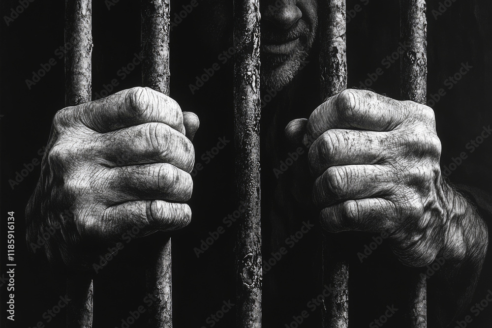 Wrinkled hands gripping metal bars of jail cell. Male prisoner in ...