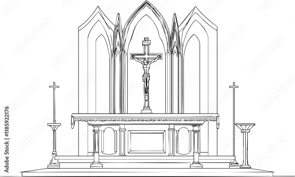 Line drawing of a church altar with a crucifix and gothic architecture ...
