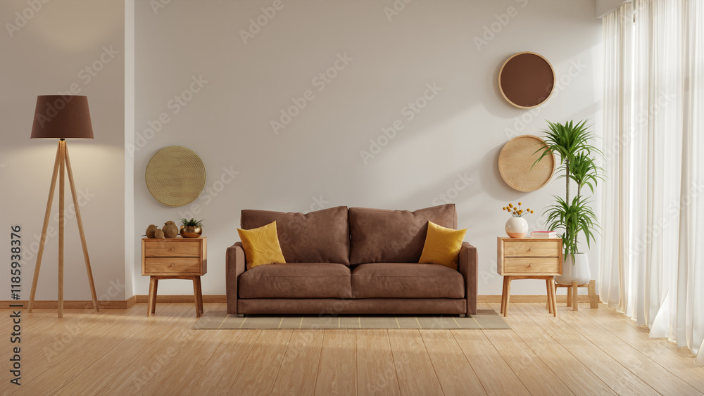 Living room interior with mocha brown mousse sofa and decor on empty ...