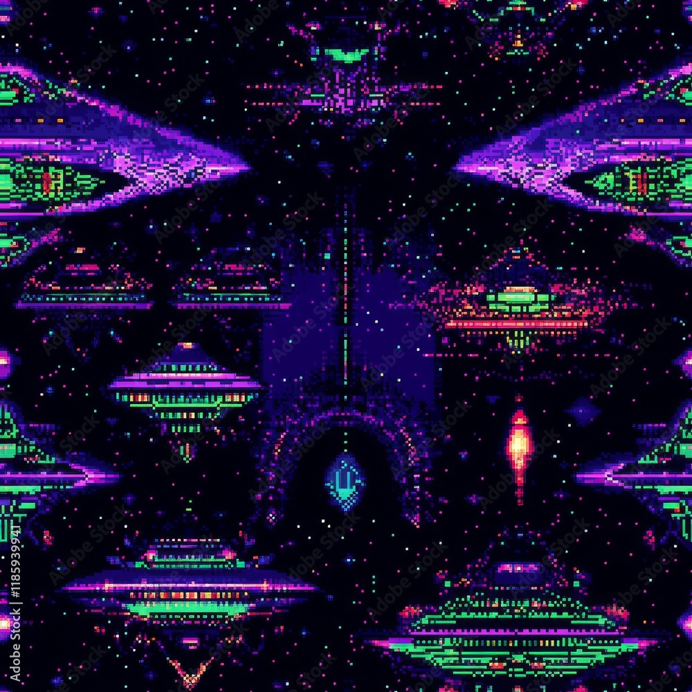 Retro space battle arena composition featuring neon-colored pixel art ...
