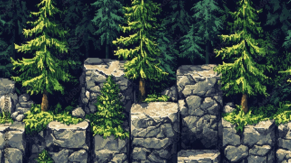 Side-view game sprite sheet showing modular pixel tree and rock assets ...