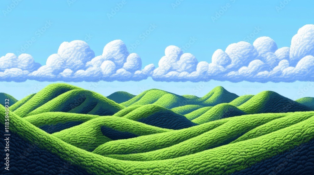 Classic pixel art landscape with rolling green hills rendered in ...