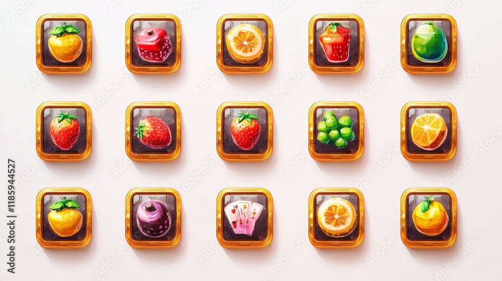 Top-down view of organized slot machine asset collection, professional ...