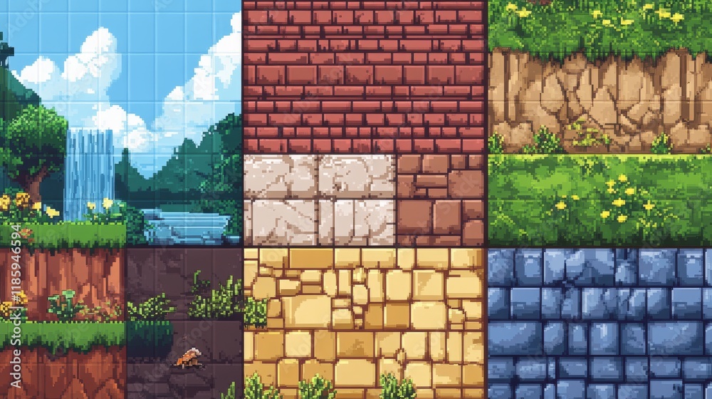 Platformer game tile set in pixel art style, seamless texture blocks ...