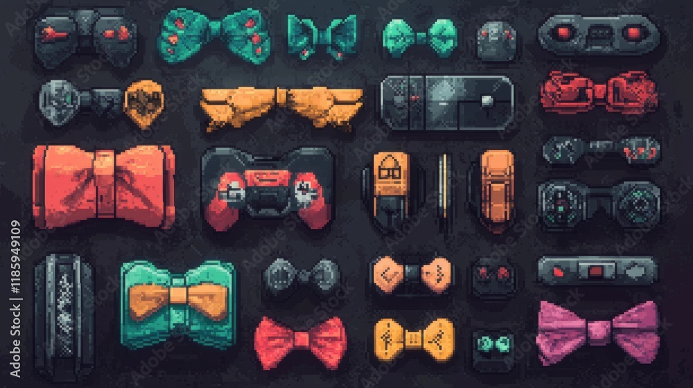 vintage pixel presents array, detailed bow designs, gaming sprite ...