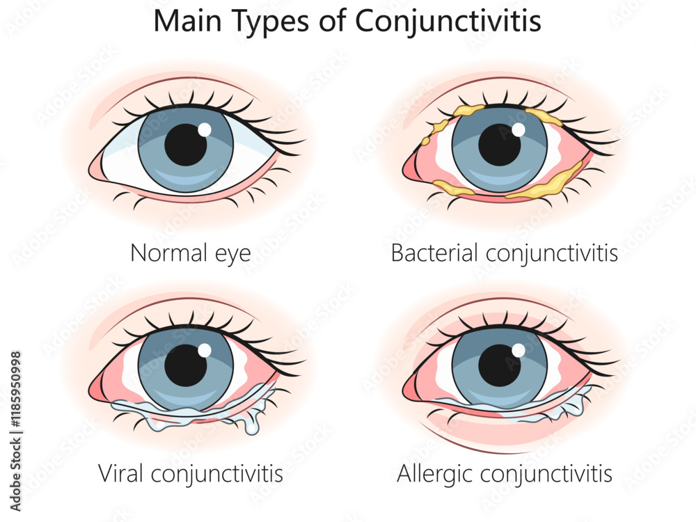 normal eyes, bacterial, viral, and allergic conjunctivitis, symptoms redness, discharge, and ...