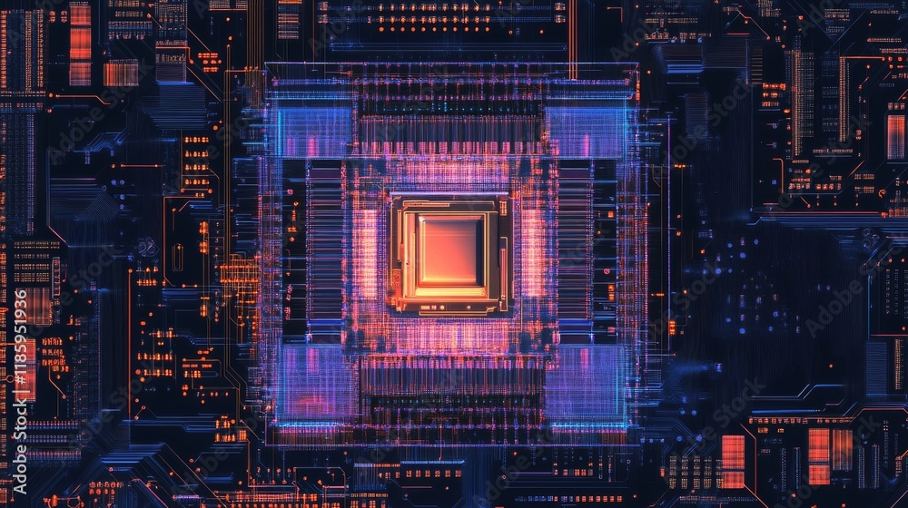 Advanced processor schematic, luminous cobalt circuitry, dark ...