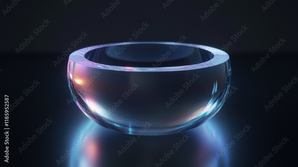 Luminescent ring object, dark reflective plane, floating geometric form ...