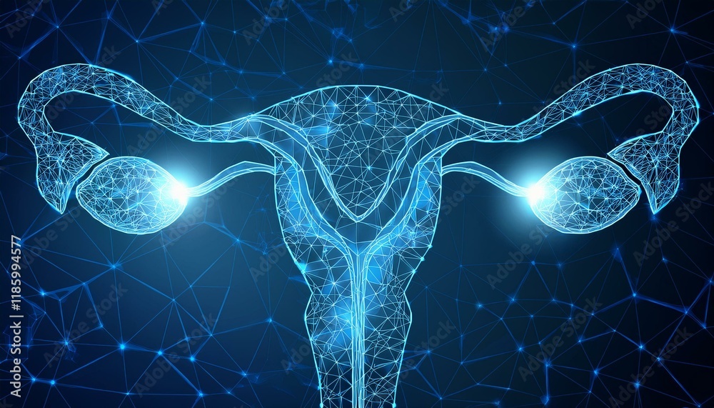 Human anatomy Female reproductive system. Organs location scheme uterus. glowing blue. Stock ...