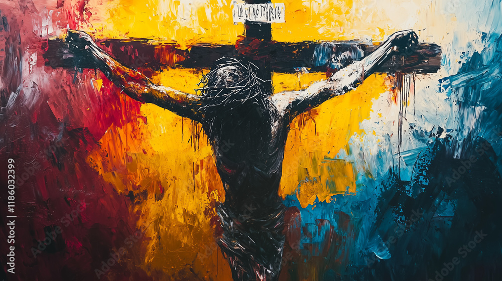 The crucifixion depicted through abstract expressionism, with bold ...