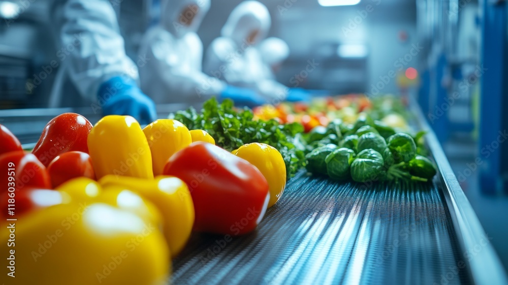 Food Factory Workers Process Produce on Conveyor Belt, Hygiene ...