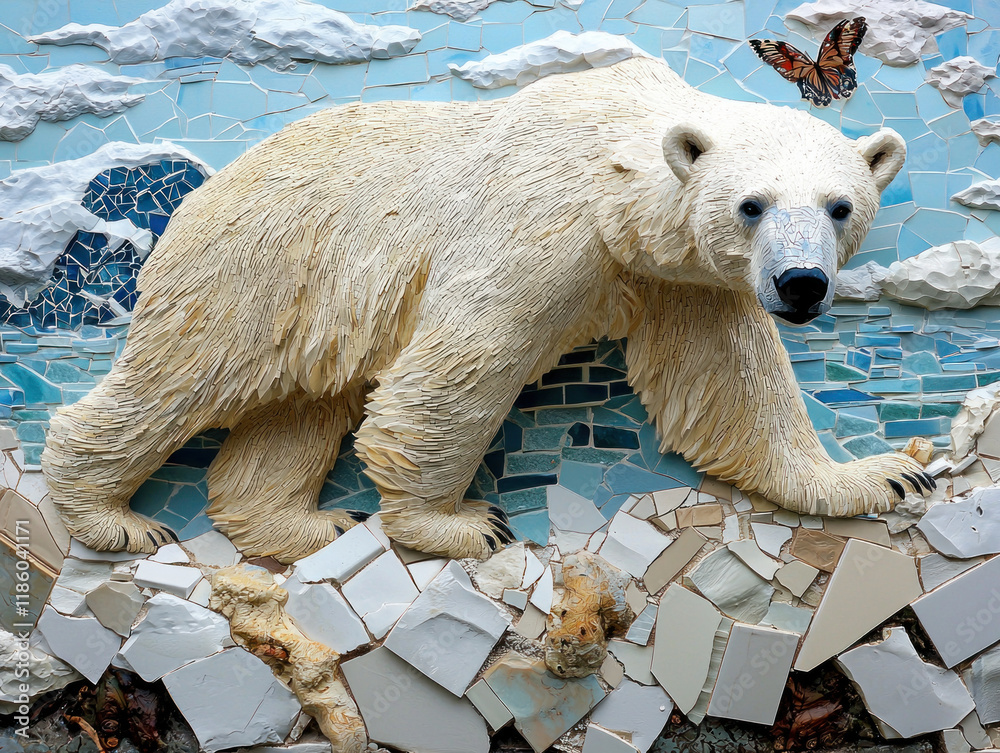 Polar bear mosaic art with vibrant textures and butterfly accent in ...
