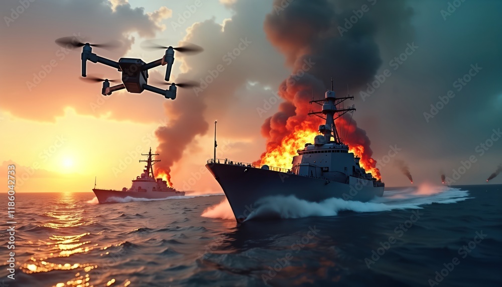 Modern naval battle scene depicts warships engaging in combat. Drones ...