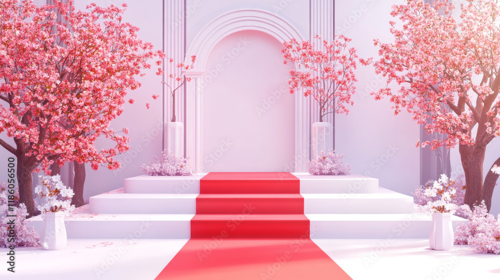 Red carpet and stage for award ceremony isolated on white background ...