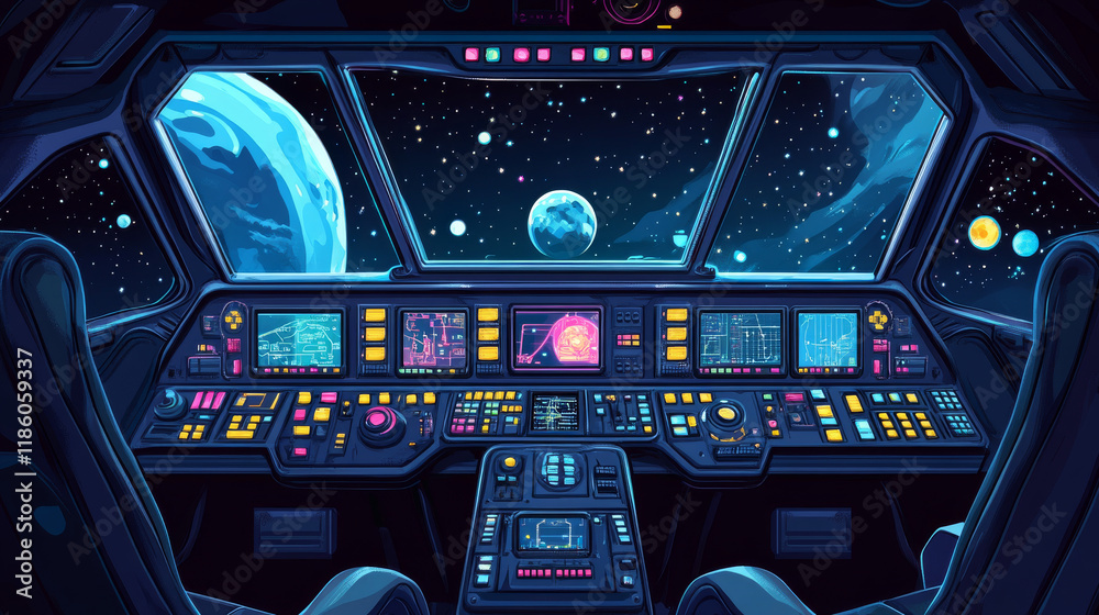 Spaceship cockpit interior. Vector cartoon illustration of space ...
