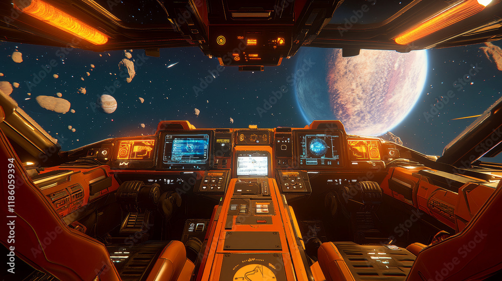 Spaceship cockpit interior. Vector cartoon illustration of space ...