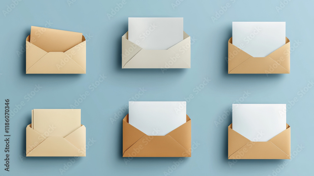 White envelope A4, DL and C6 template. Vector realistic mockup of blank closed and open ...