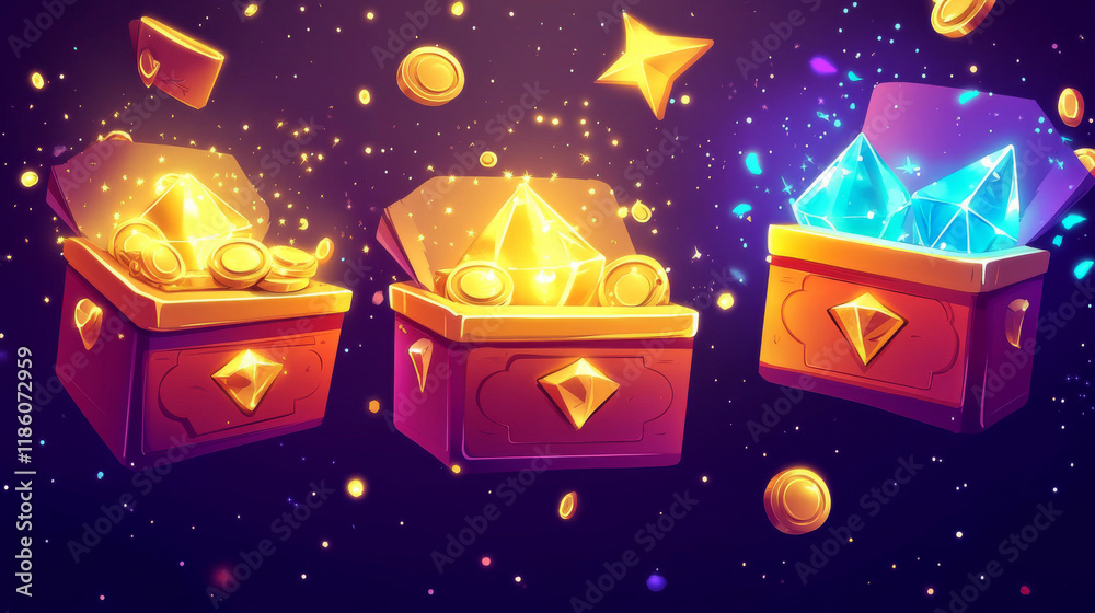 Open gift boxes with flying cap, magic light from inside and game loot ...