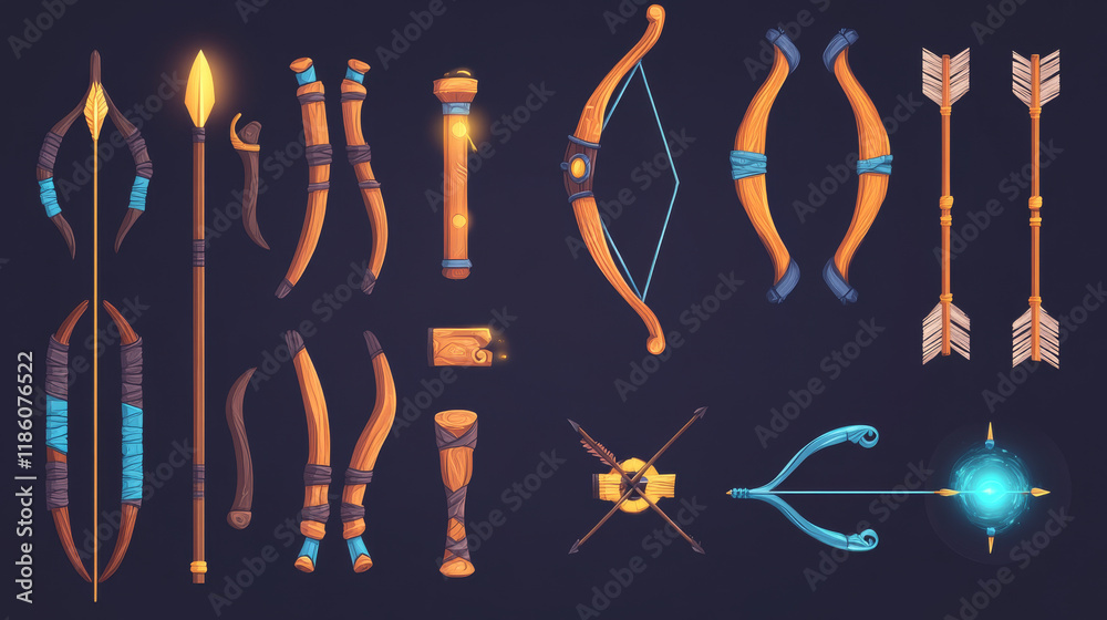 Archery bow with arrow of various complexity and decor element for game ...