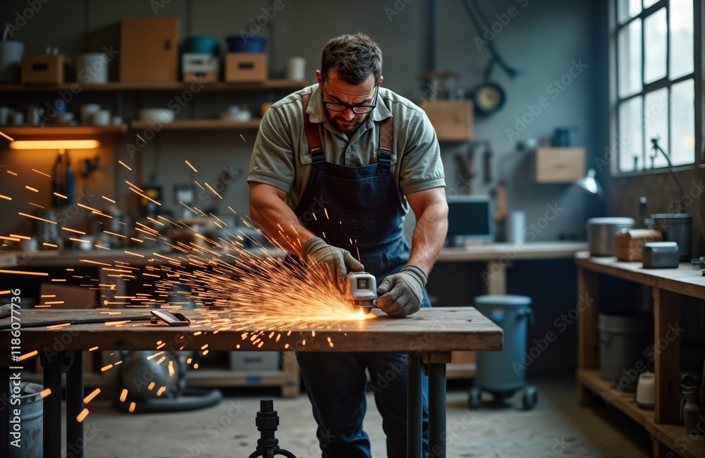 Craftsman in work clothes wields grinder on wooden table in workshop ...