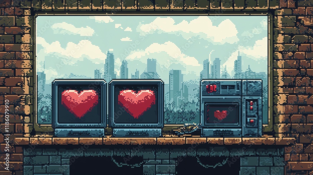 Vintage gaming life system, pixelated red hearts, 8-bit health display ...