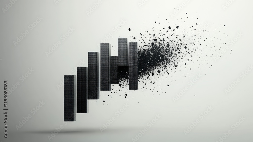 Business analytics bar graph disintegrating into floating cubic ...