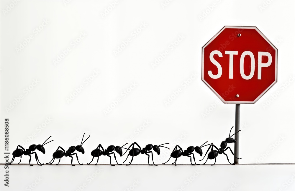 Ants marching towards stop sign on white surface. Symbolic image of ...