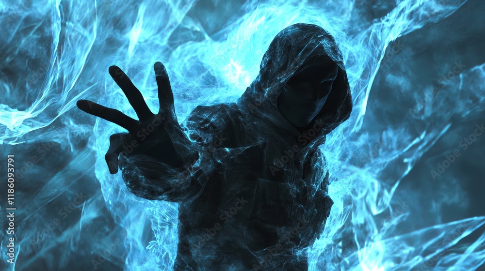 Anonymous figure in tactical black hood making firm stop gesture ...