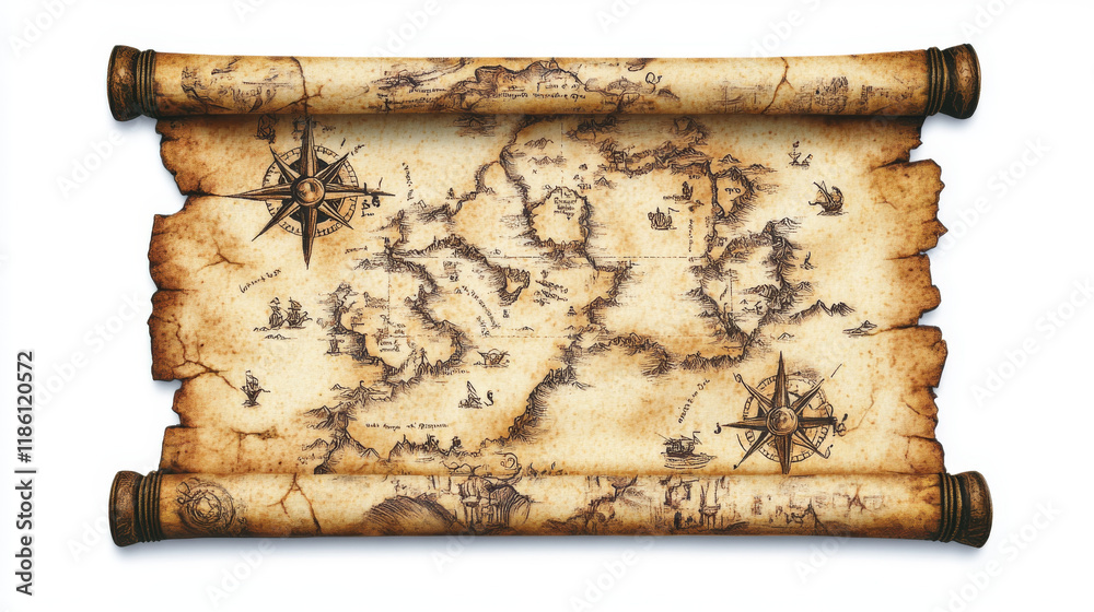 Realistic open parchment scroll isolated on transparent background. Vector illustration of old ...