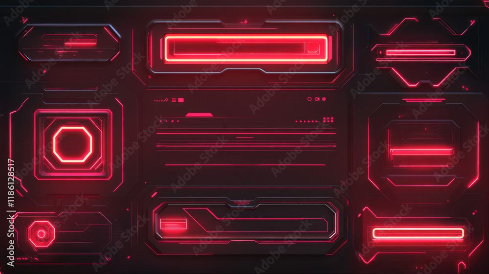 Game live stream panels, overlay frames and buttons with red neon glow ...