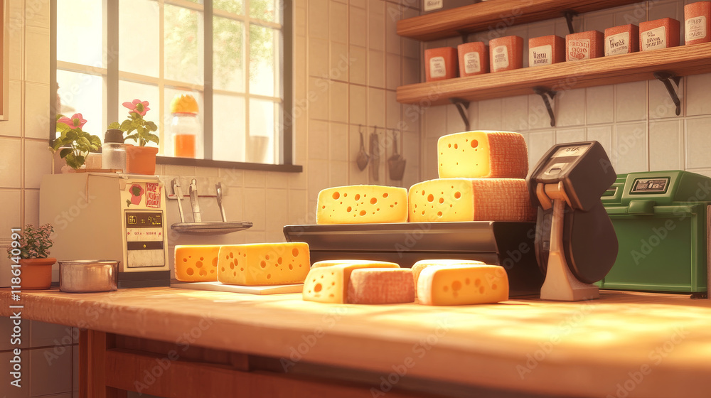 Cheese shop interior with cheddar and gouda slices on tables and ...