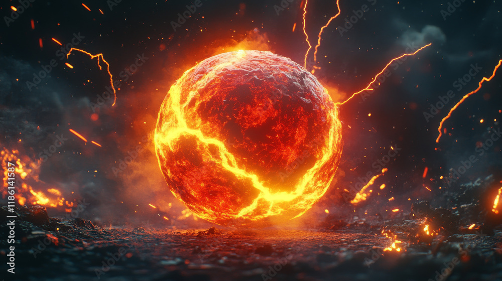 Electric ball, lightning circle strike, plasma sphere in red and yellow ...