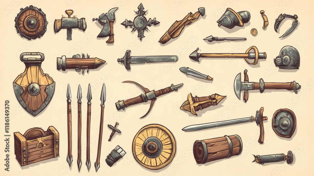 Military old game icons cartoon vector set. Isolated war weapon ...