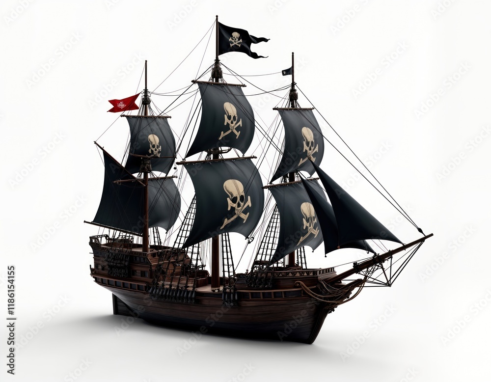 Dark pirate ship with black sails, skull, crossbones flags. Wooden ...