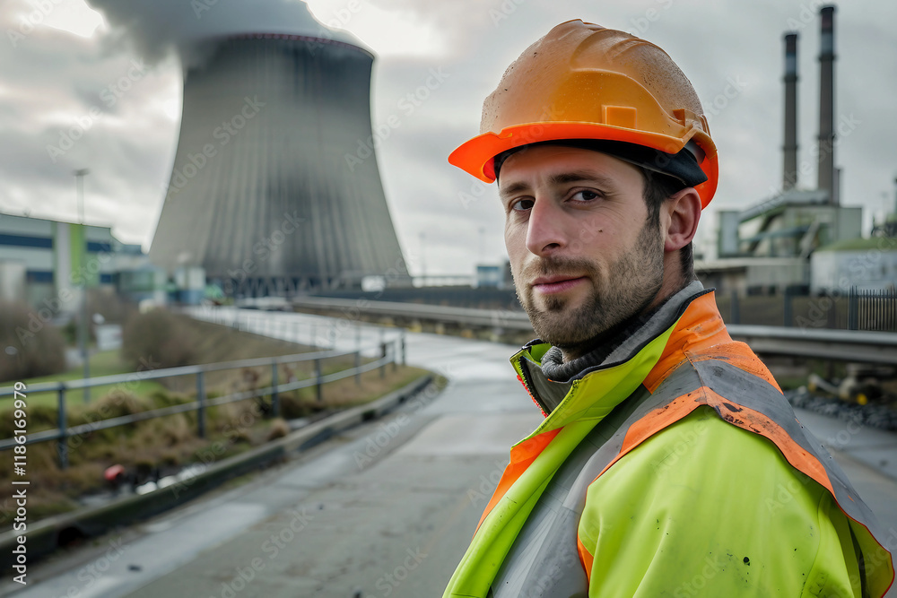 Engineer controling a nuclear reactor turbine in industrial setting ...